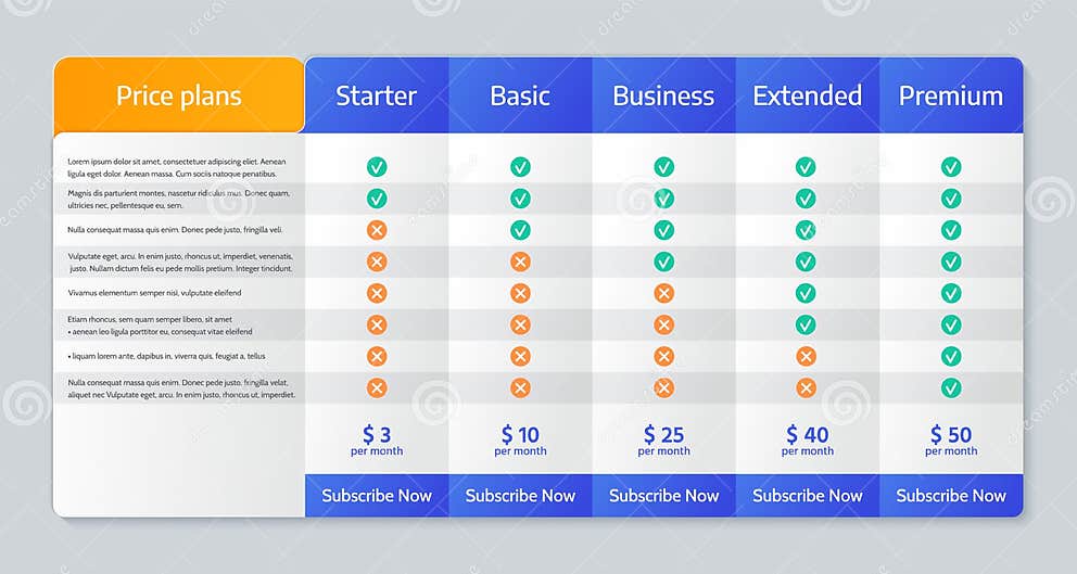 Price Comparison Table. Vector Illustration. Chart Plan Template Stock ...