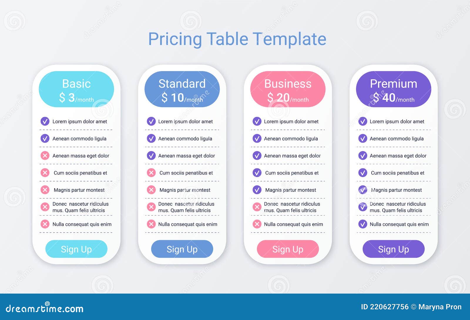 Price Table Chart Template with 4 Columns. Vector Illustration Stock ...