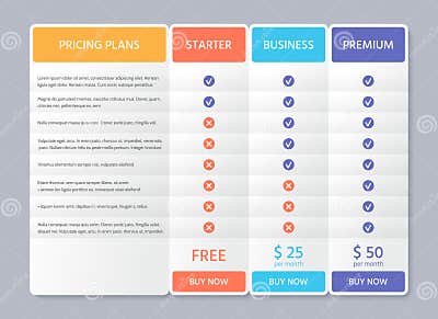 Price Table Comparison Template with 3 Columns. Vector Illustration ...