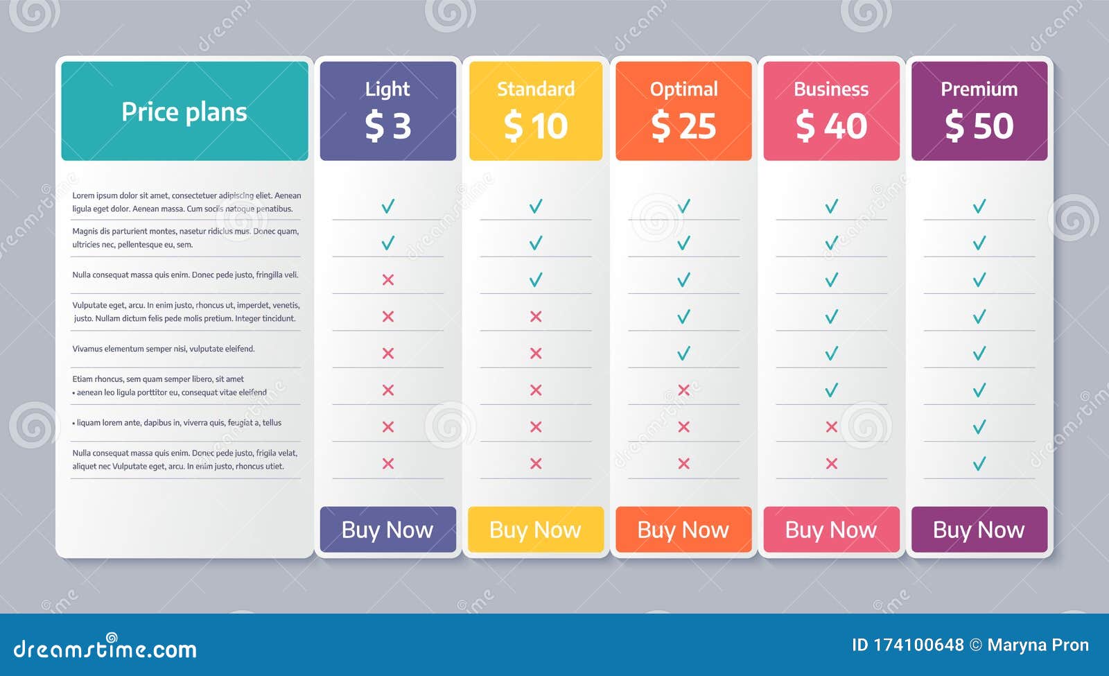 3 Columns Of Price List Table Desing Template, Comparative Table ...