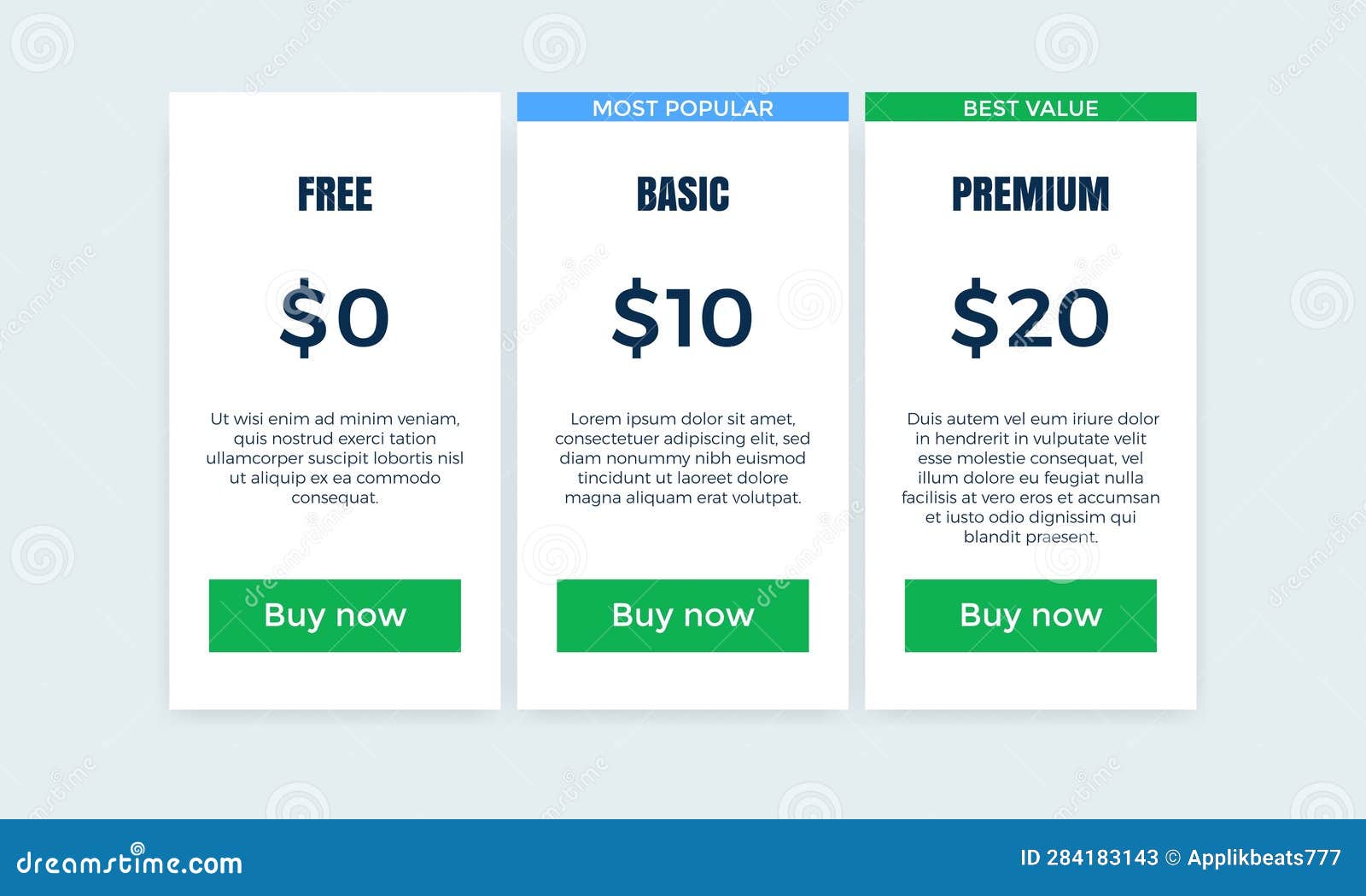 Price Table Plan or Product Subscription Design Template. Vector Price ...