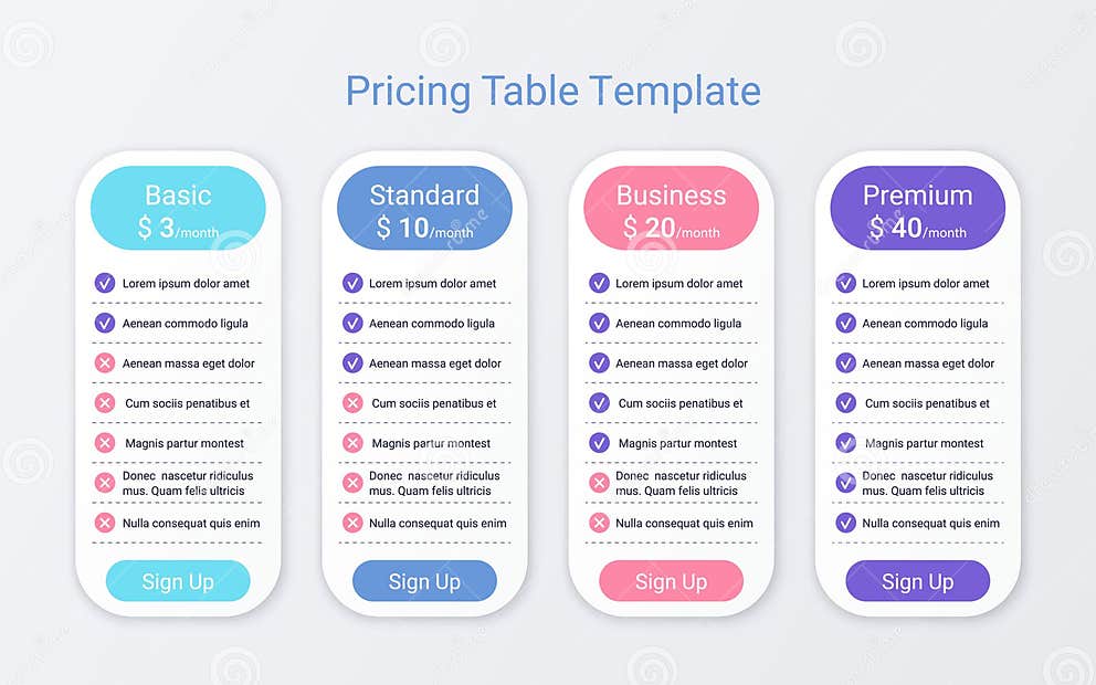 Price Table Chart Template with 4 Columns. Vector Illustration Stock ...
