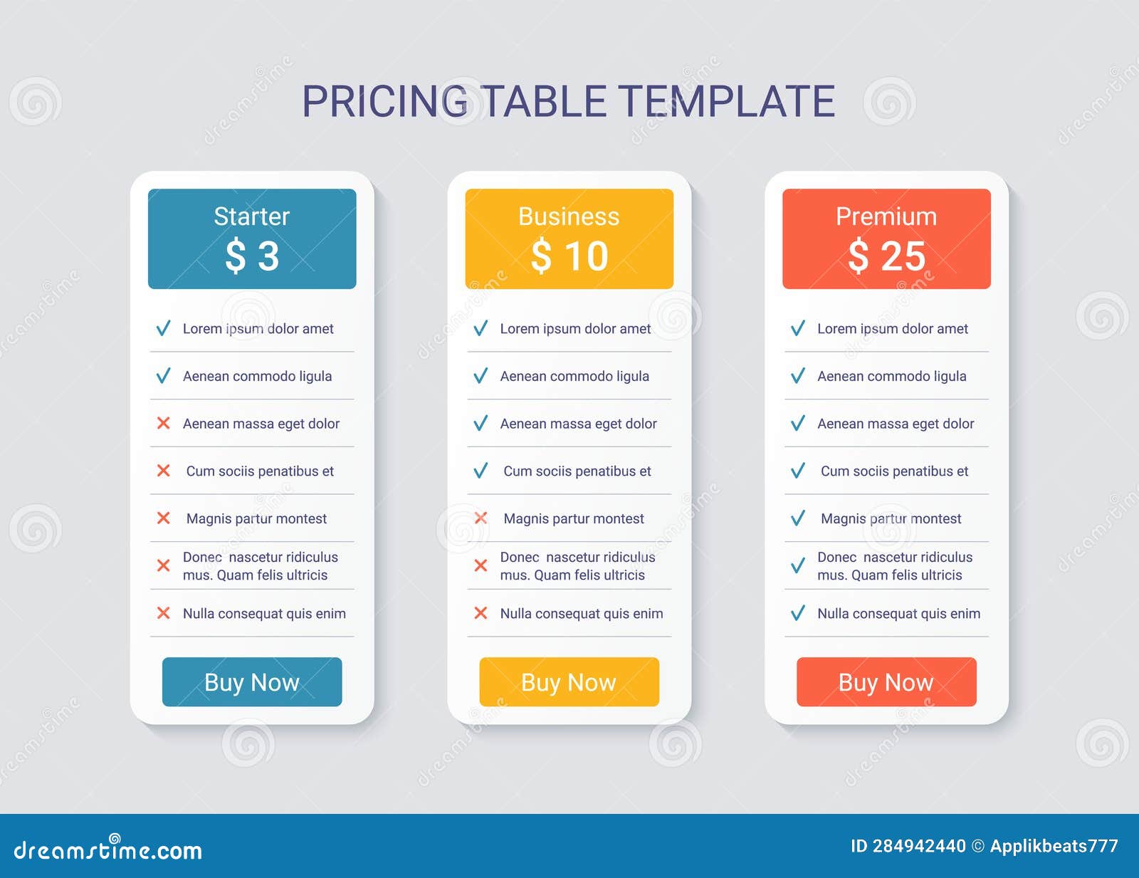 Price Table Comparison Template with 3 Columns. Vector Illustration ...