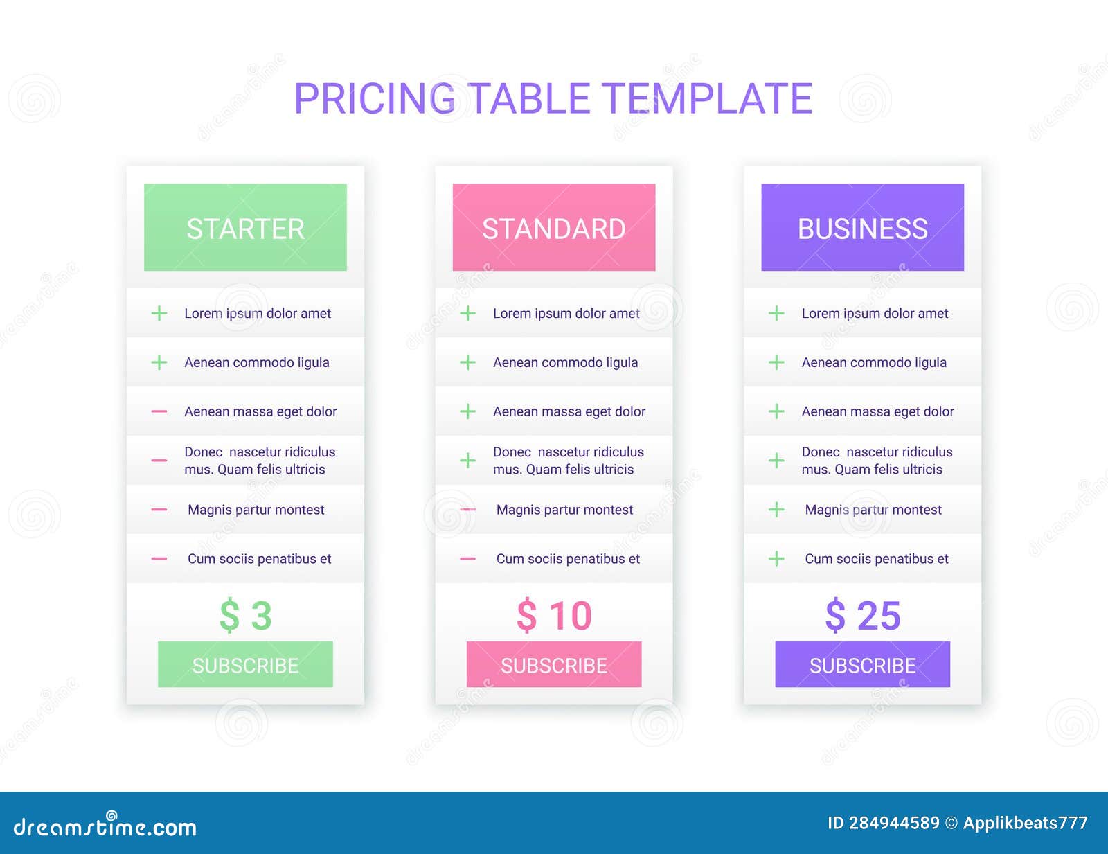 Price Chart Comparison Template with 3 Columns. Vector Illustration ...