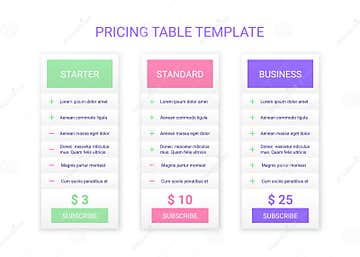 Price Chart Comparison Template with 3 Columns. Vector Illustration ...