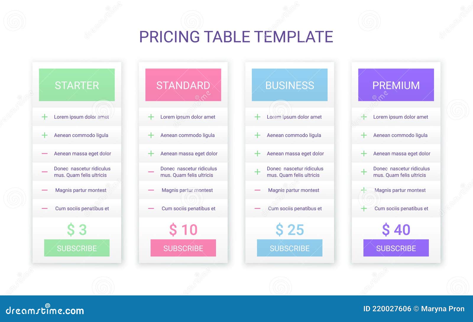 Price Table Template with 4 Columns. Pricing Data Grid. Vector ...