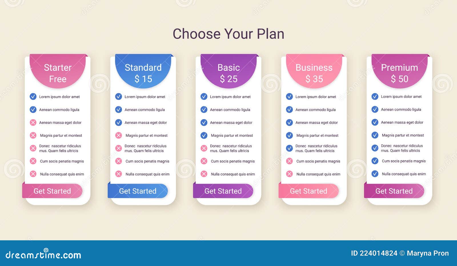 Price Table Template with 5 Columns. Pricing Data Grid. Vector ...