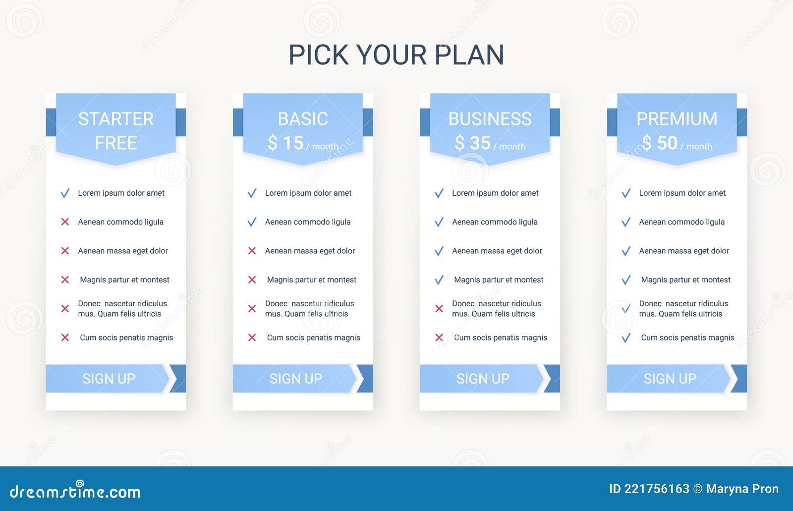 Price Table Template with 4 Columns. Pricing Data Grid. Vector ...