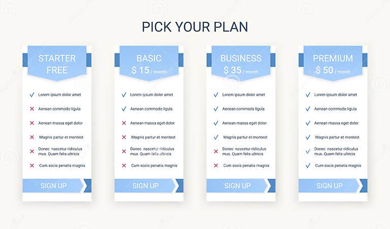 Price Table Template with 4 Columns. Pricing Data Grid. Vector ...