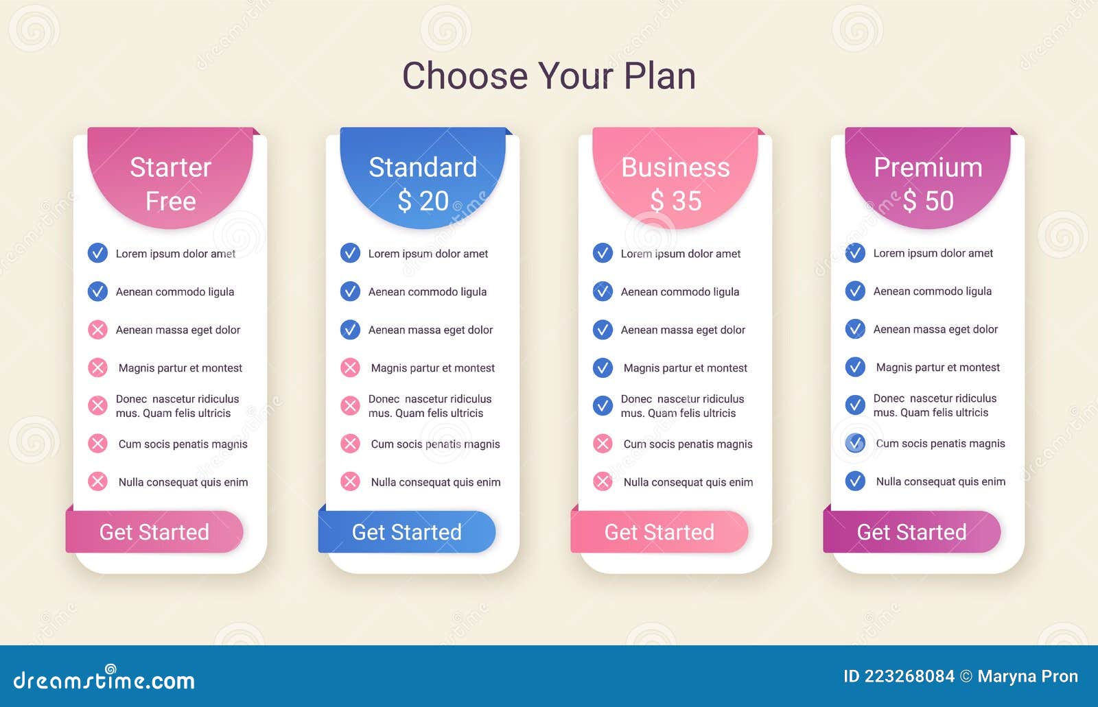 Price Table Template with 4 Columns. Pricing Data Grid. Vector ...
