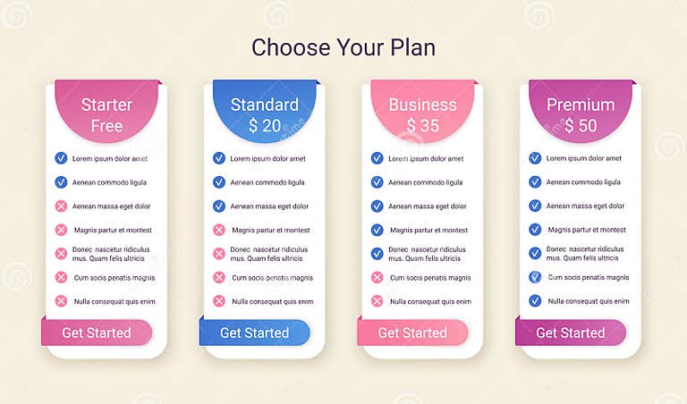Price Table Template with 4 Columns. Pricing Data Grid. Vector ...