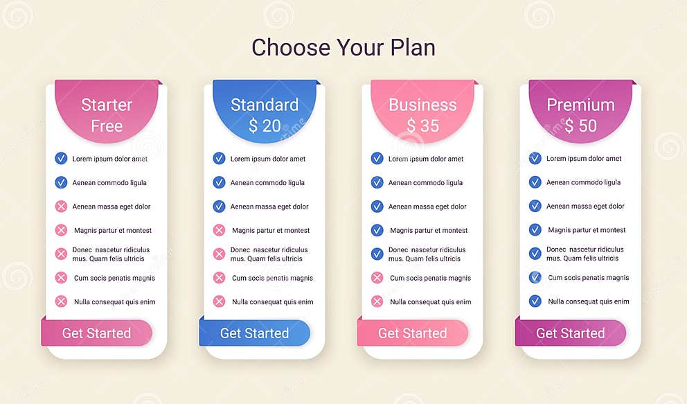 Price Table Template with 4 Columns. Pricing Data Grid. Vector ...