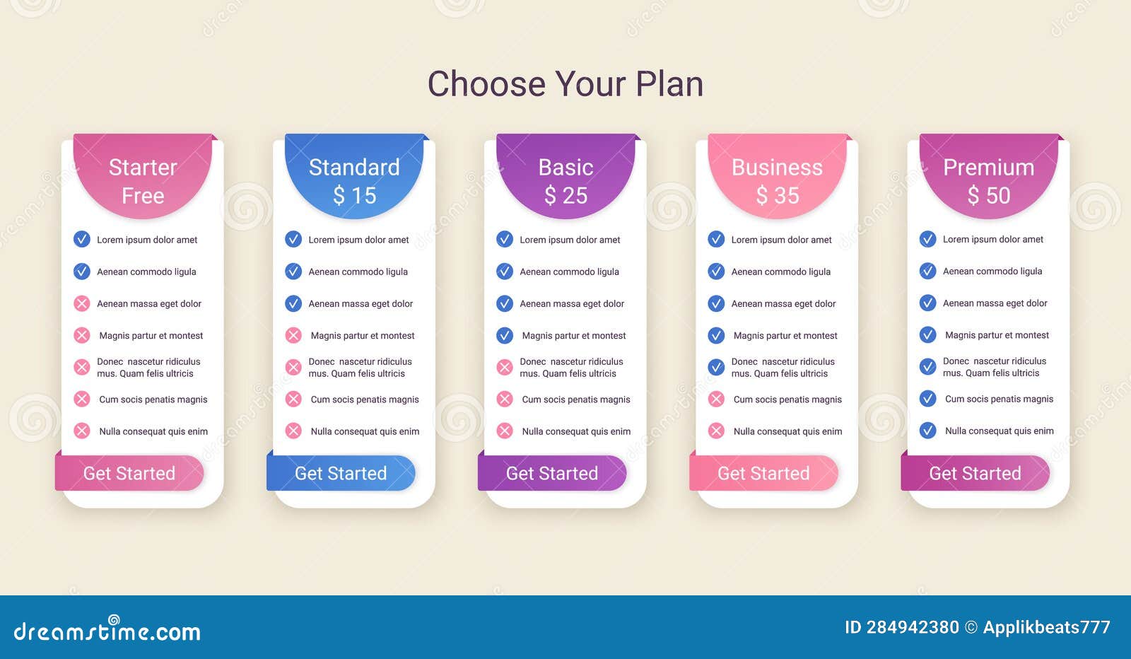 Price Table Template with 5 Columns. Pricing Data Grid. Vector ...