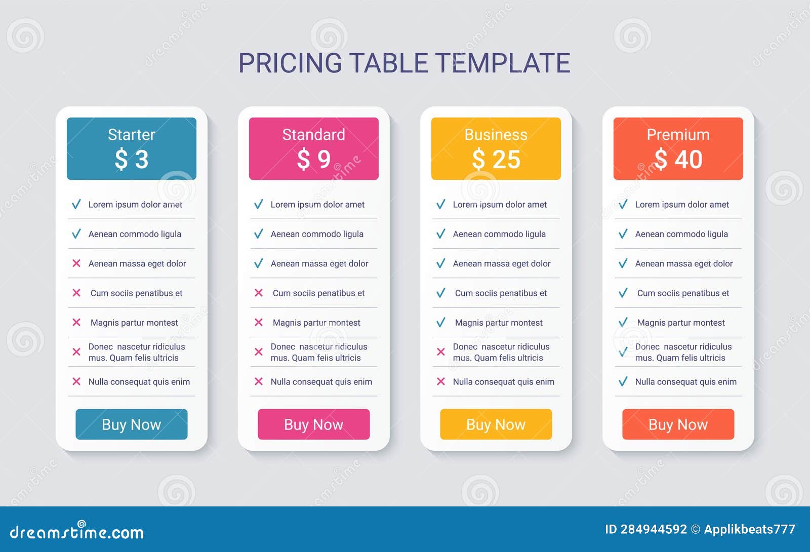 Price Table Template with 4 Columns. Pricing Data Grid. Vector ...