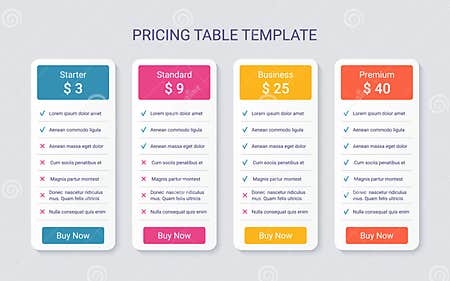 Price Table Template with 4 Columns. Pricing Data Grid. Vector ...