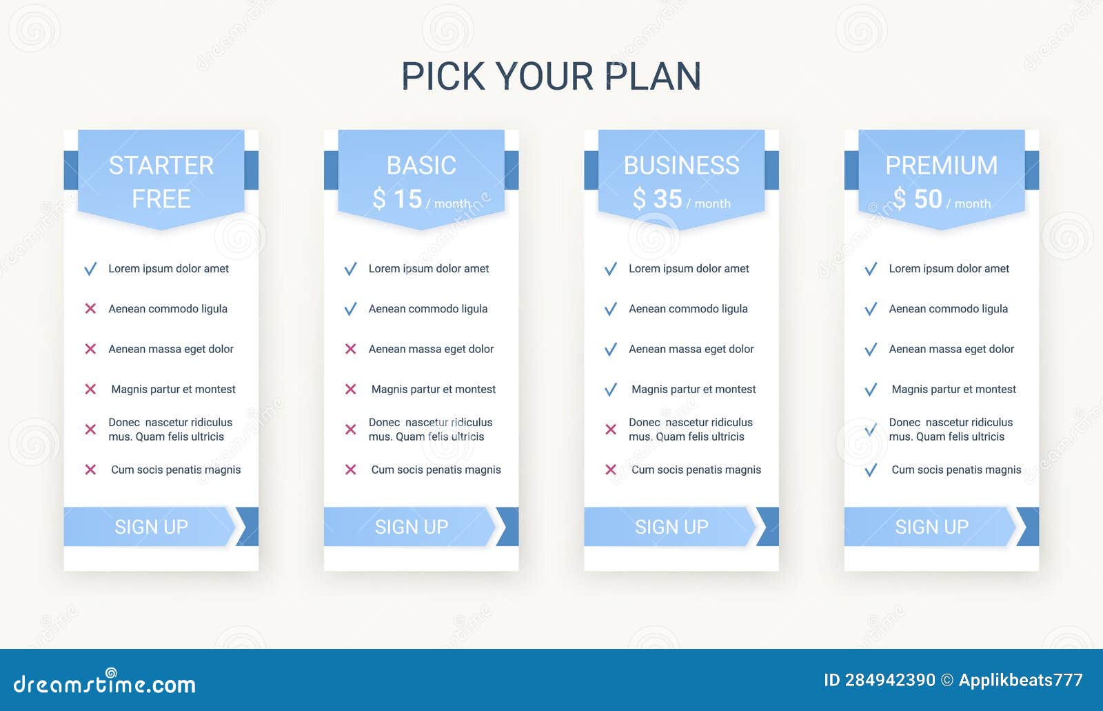 Price Table Template with 4 Columns. Pricing Data Grid. Vector ...