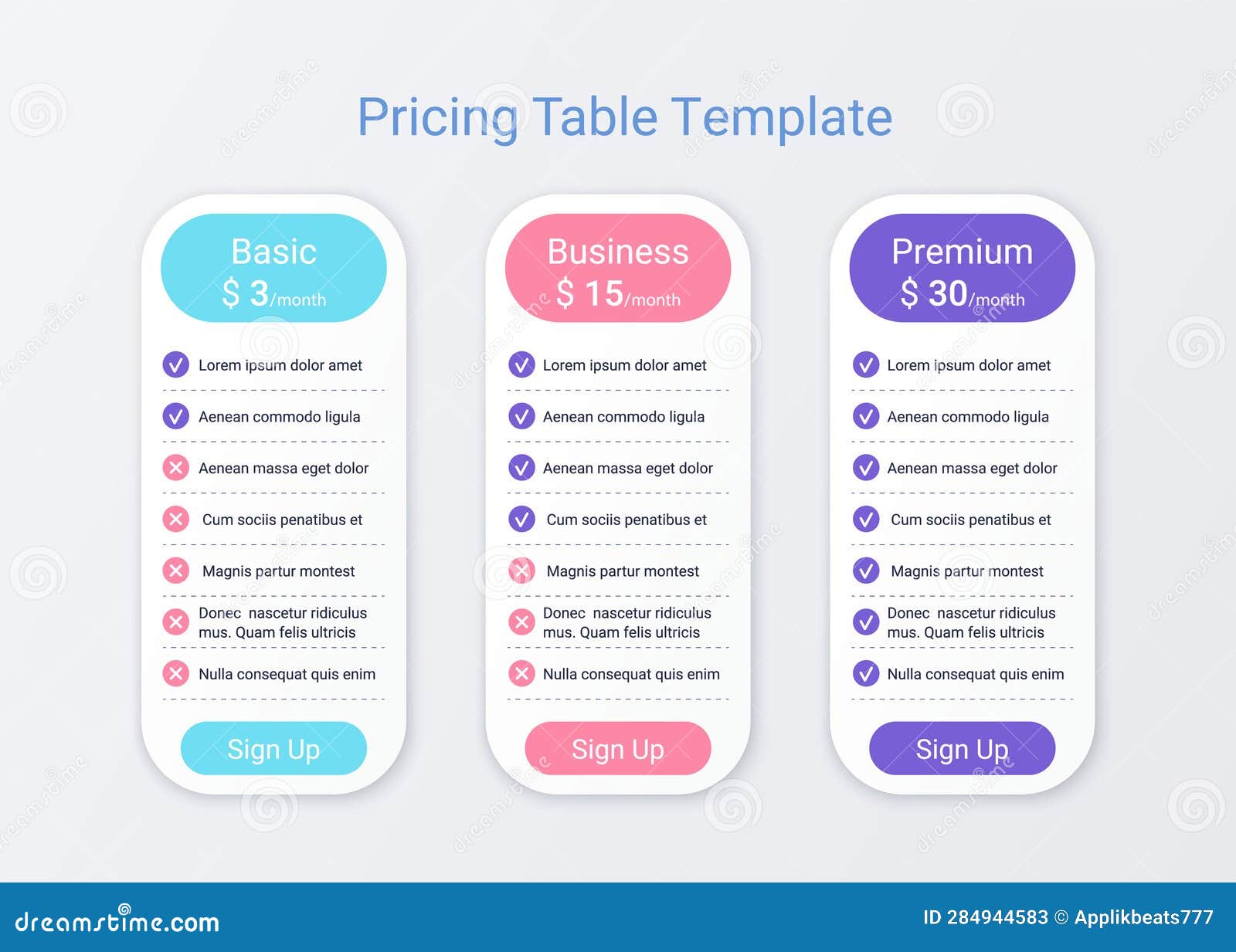 Price Table Comparison Template with 3 Columns. Vector Illustration ...