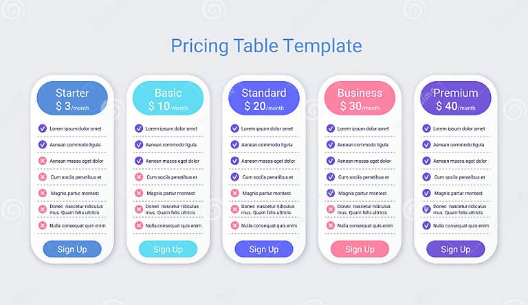 Pricing Table Template with 5 Columns. Vector Illustration Stock ...