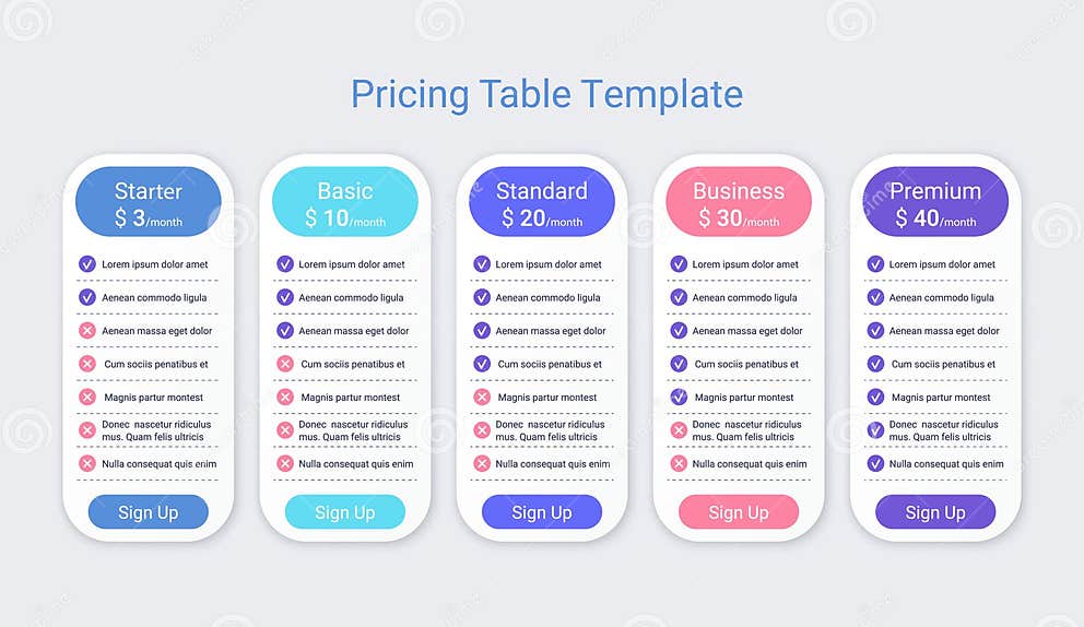 Pricing Table Template with 5 Columns. Vector Illustration Stock Vector ...