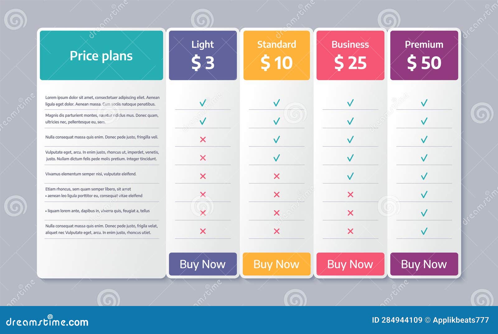 Price Table Comparison Template with 4 Columns. Vector Illustration ...