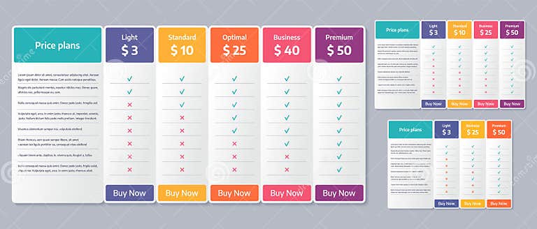 Price Table Template. Vector Illustration. Comparison Plan Chart Stock ...