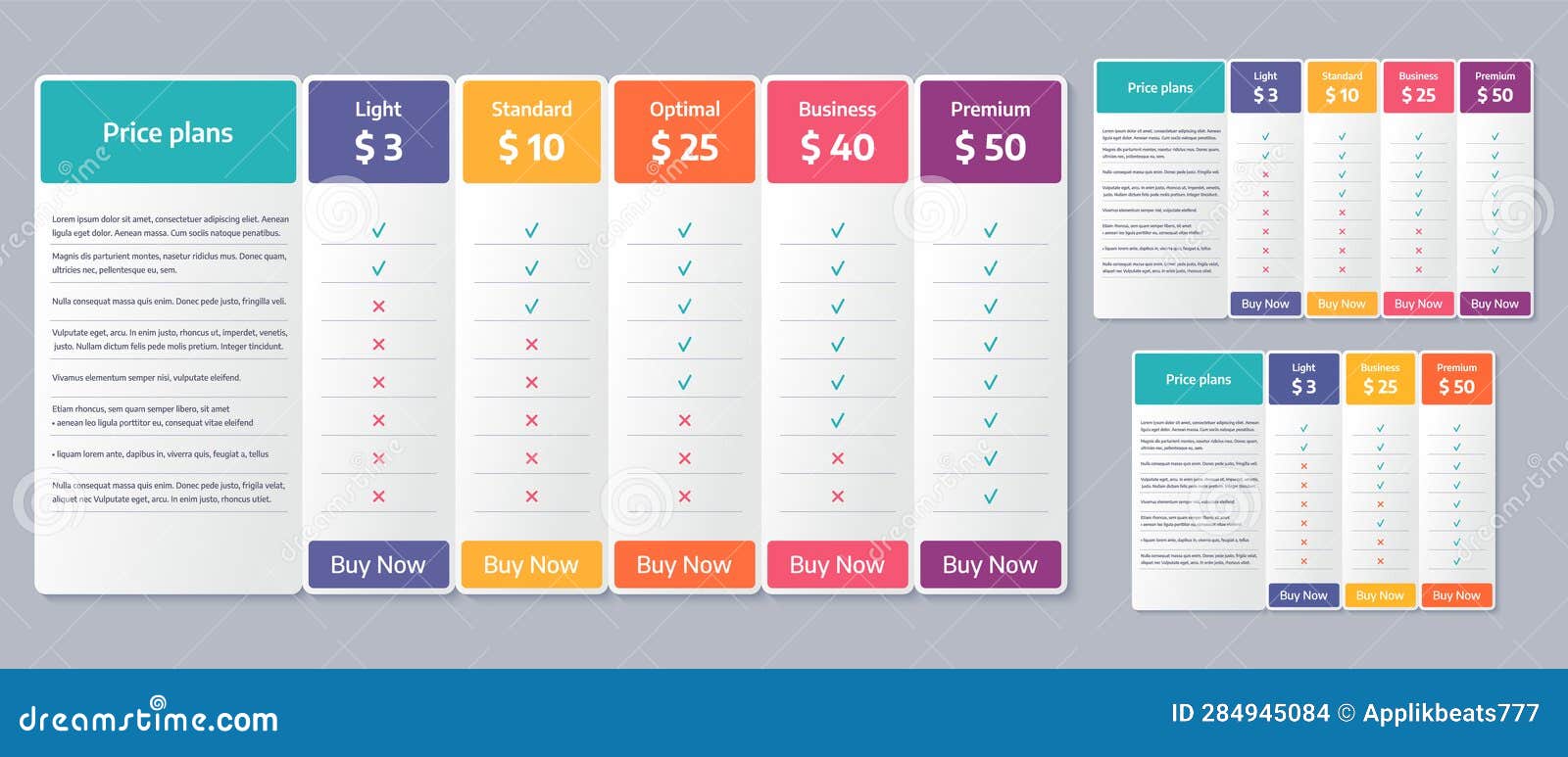 Price Table Template. Vector Illustration. Comparison Plan Chart Stock ...