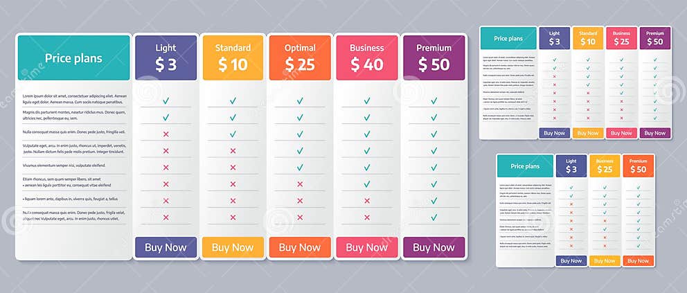 Price Table Template. Vector Illustration. Comparison Plan Chart Stock ...