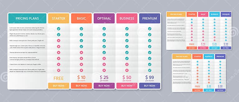 Price Table Template. Vector Illustration. Set of Comparison Plan ...