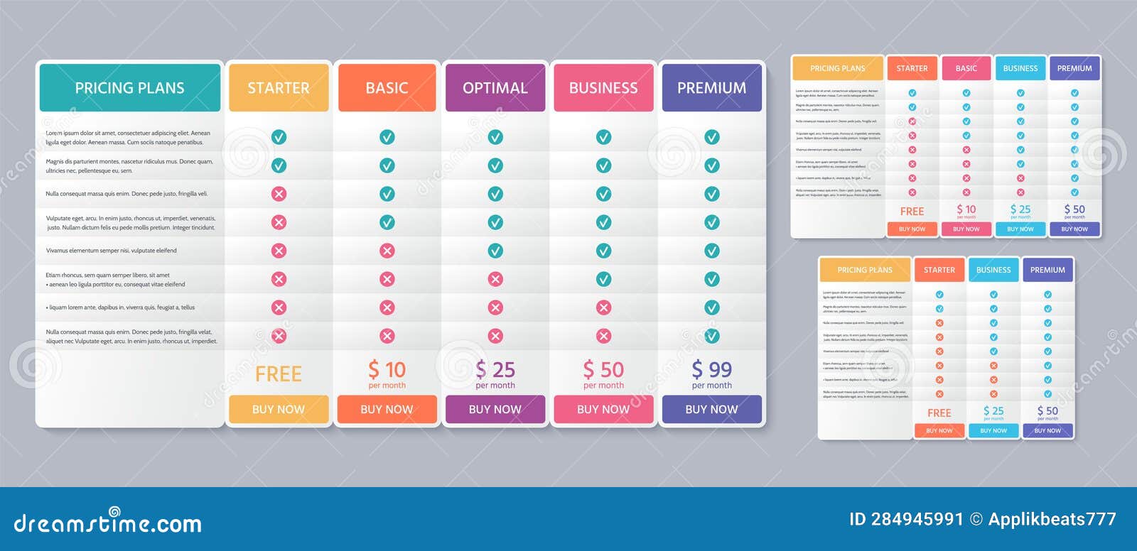 Price Table Template. Vector Illustration. Set of Comparison Plan ...