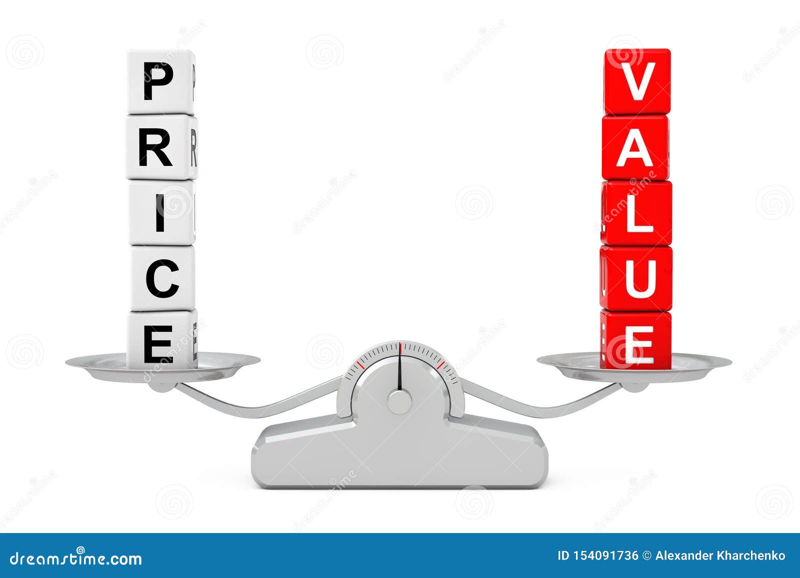 Price and Value Cube Blocks Over Simple Balance Scale. 3d Rendering ...