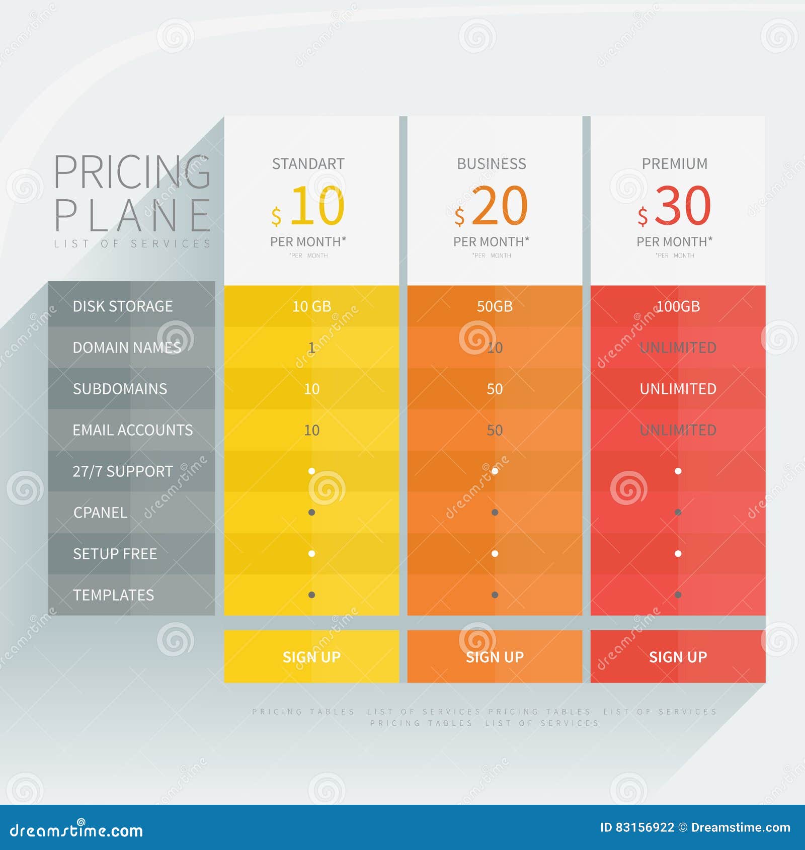 Pricing Comparison Table Set for Commercial Business Web Service Stock ...
