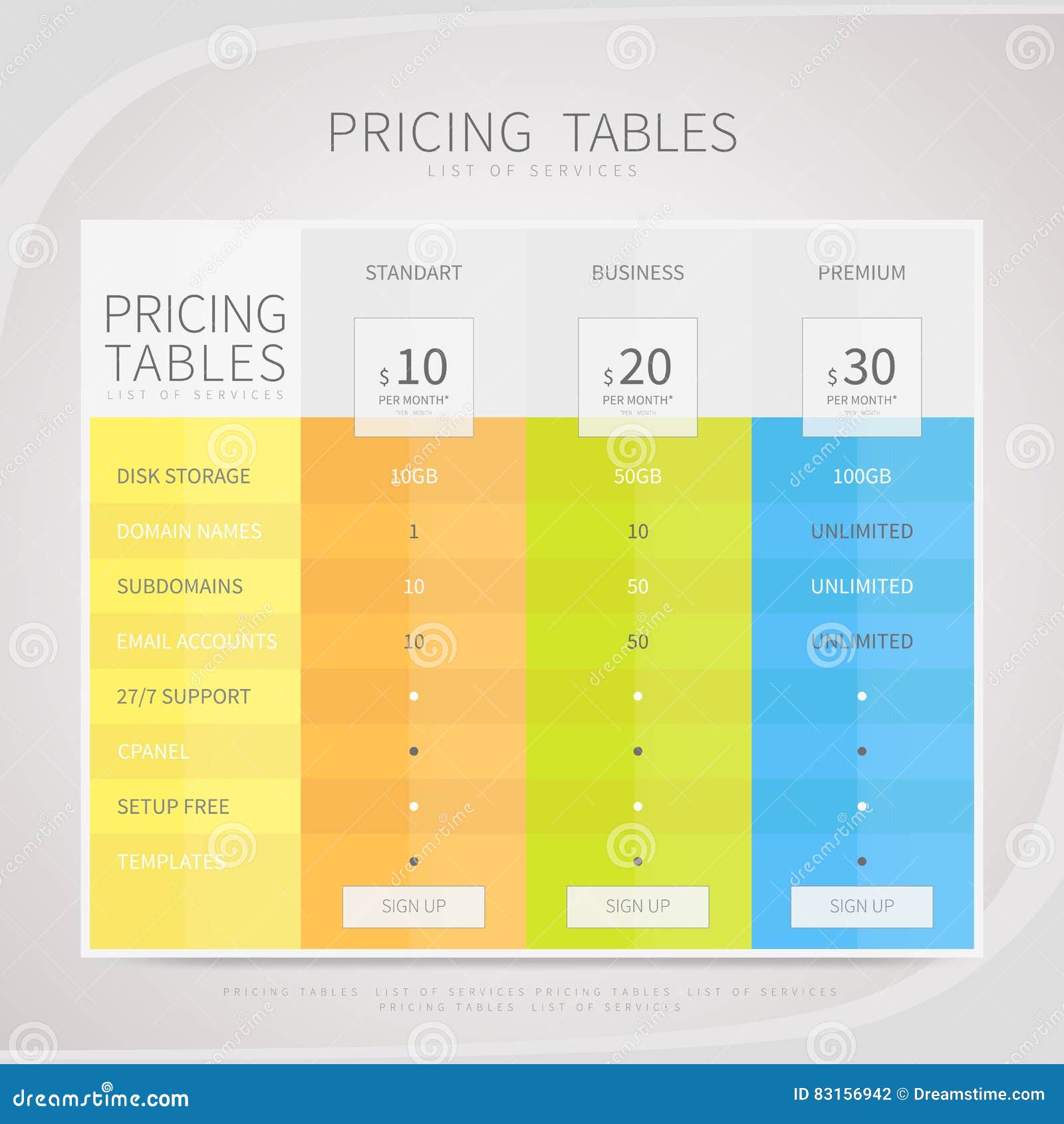 Pricing Comparison Table Set for Commercial Business Web Service Stock ...