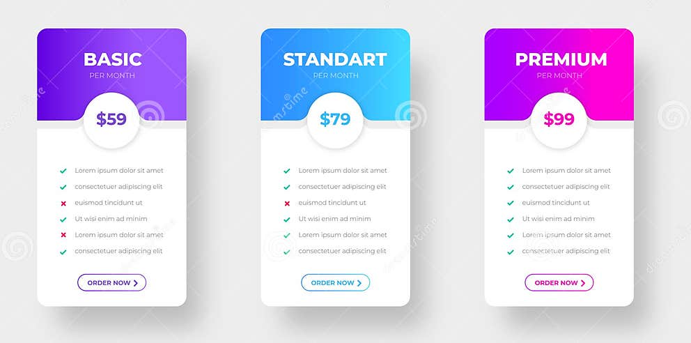 Pricing Plans Table and Pricing Chart Price List for Web or App. Ui UX Pricing Design Tables ...