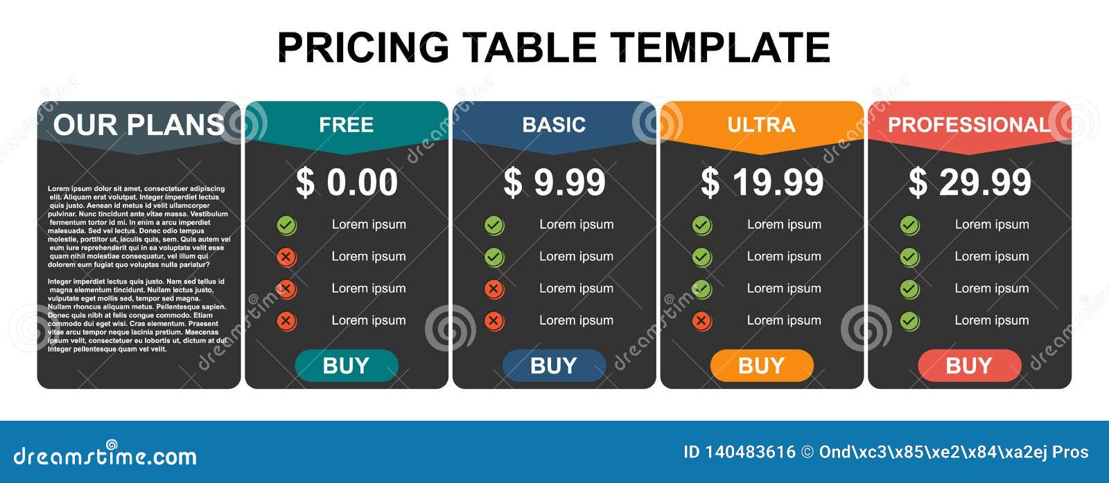 Pricing Table, Plan List, or Comparison Template Vector. Business ...