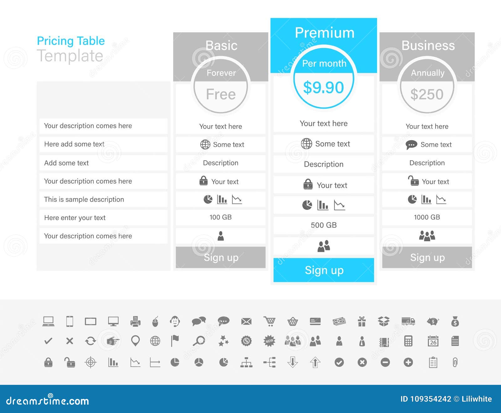 Pricing Table with 3 Plans and One Recommended. Li Stock Vector ...