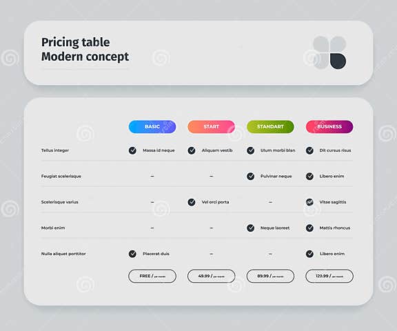 Pricing Table. Spreadsheet with Subscription Feature, Compare and Order Element with Options and ...
