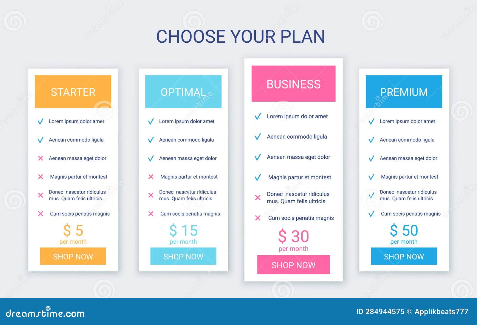 Price Table Comparison Layout with 4 Columns. Vector Illustration Stock ...