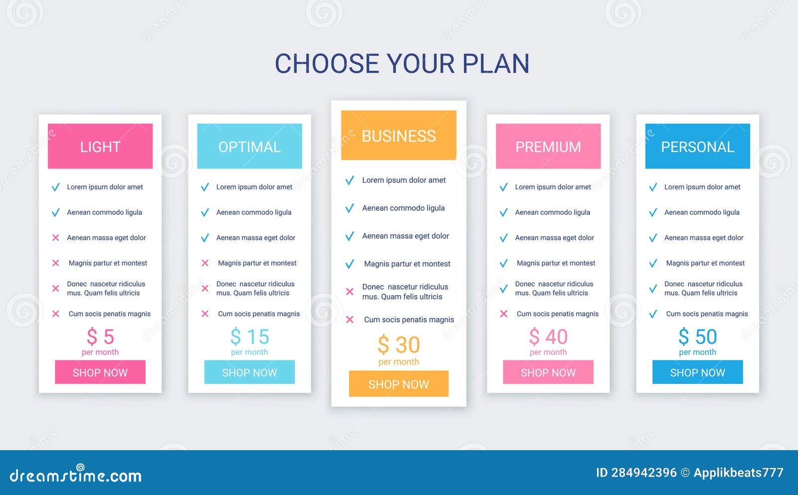 Price Table Comparison Layout with 5 Columns. Vector Illustration Stock ...