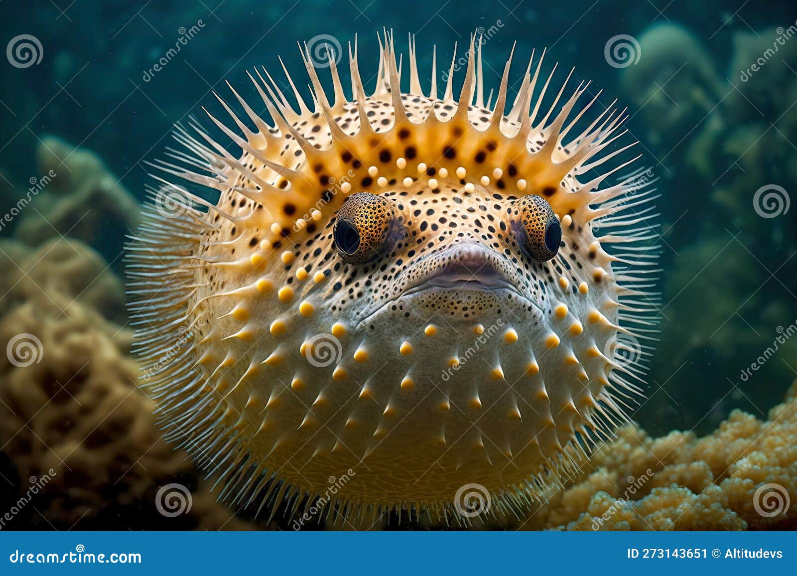 Prickly Underwater Marine Puffer Fish in Blue Water Stock Illustration ...