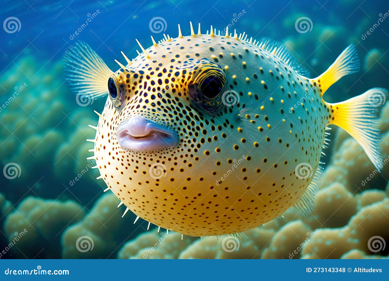 Prickly White Yellow Puffer Fish on Background of Marine Corals Stock ...
