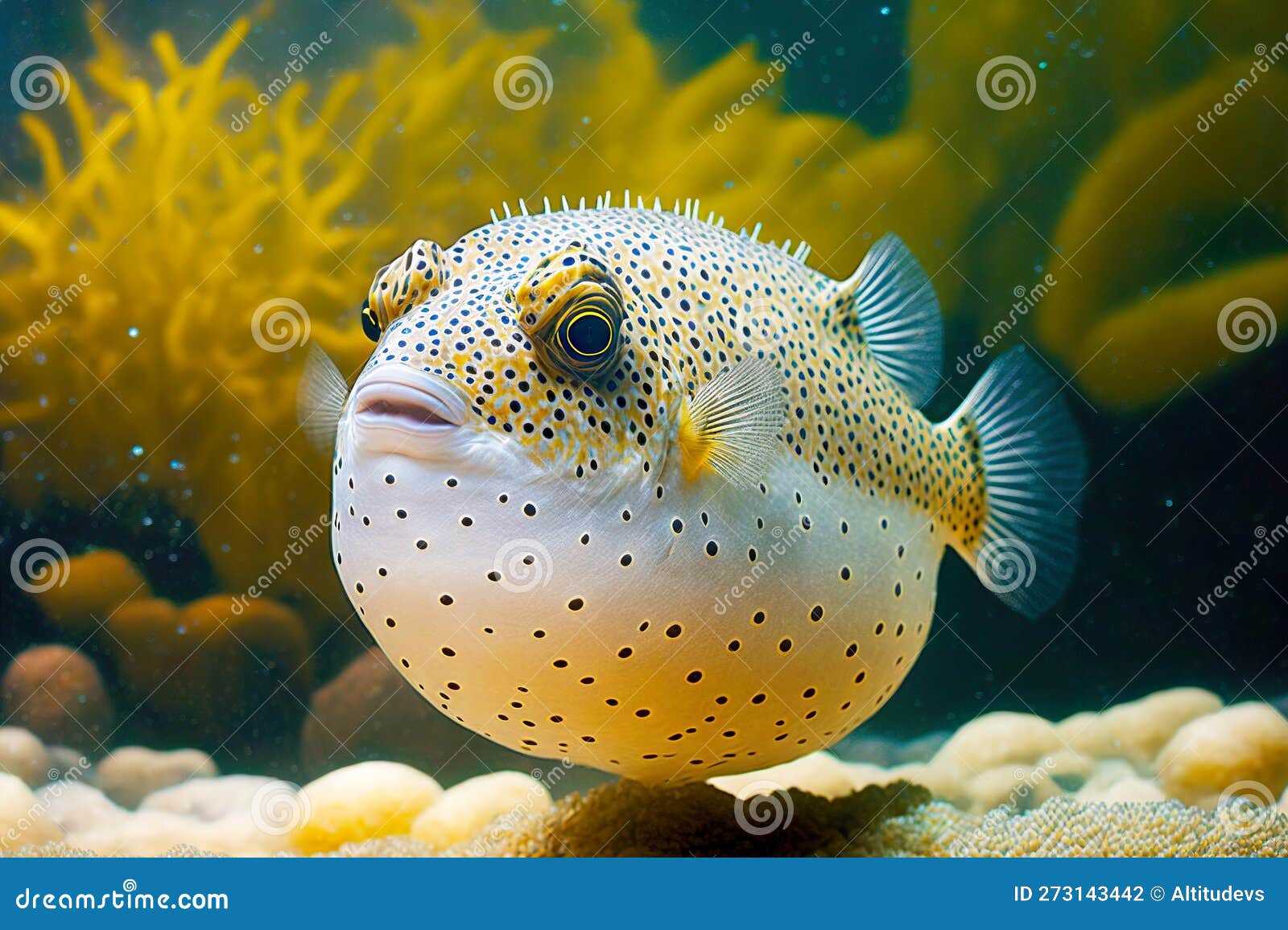 Prickly White Yellow Puffer Fish on Background of Marine Corals Stock ...