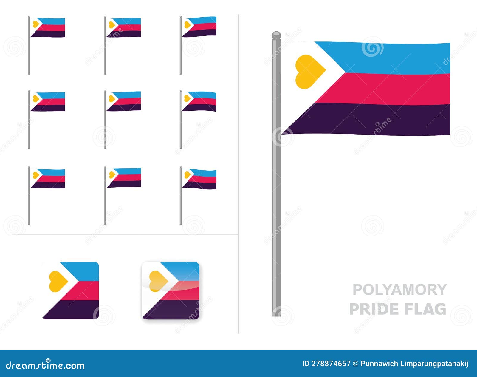 Tricolor Polyamory Pride Flag Waving Animation App Icon Vector Stock