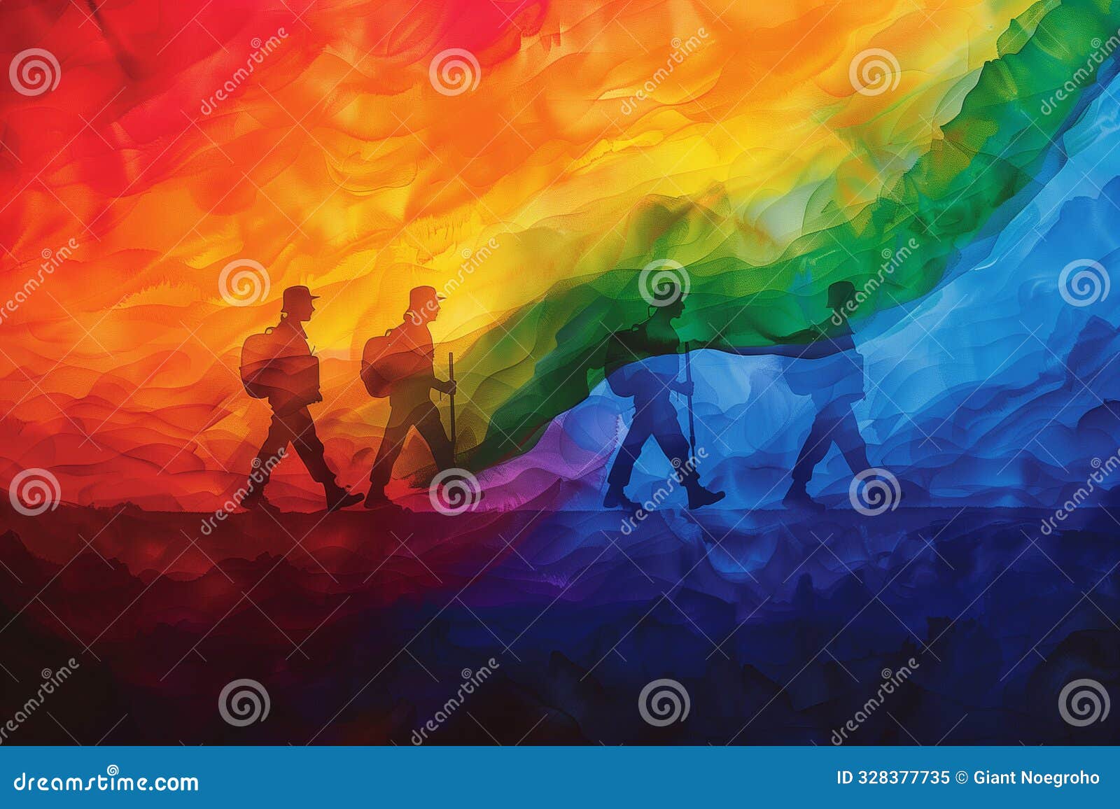 Pride March Silhouette, Holding a Vibrant Rainbow Flag Ripples in the ...