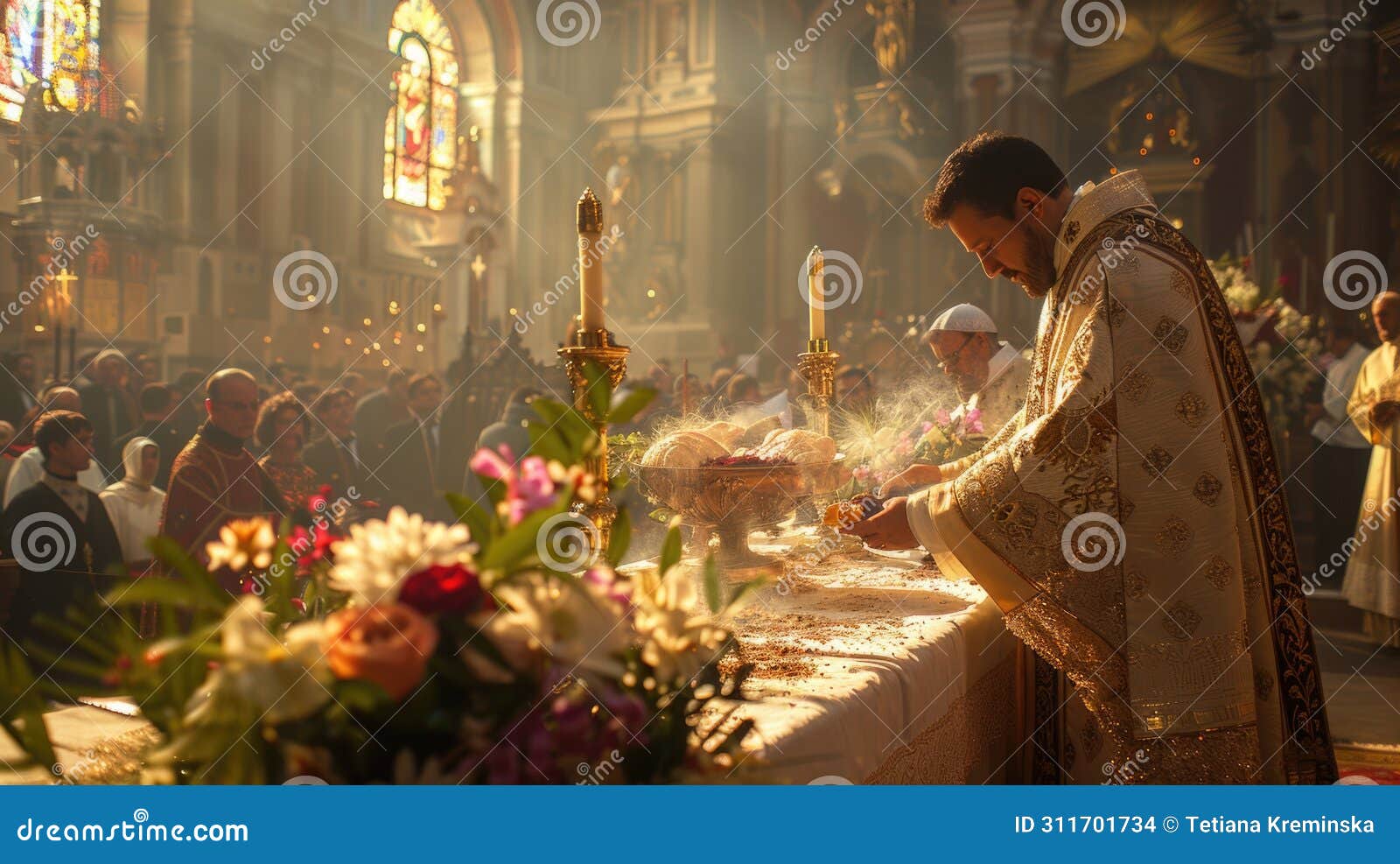 Priest Blessing Bread and Wine on Altar Decorated for Saint Joseph S ...