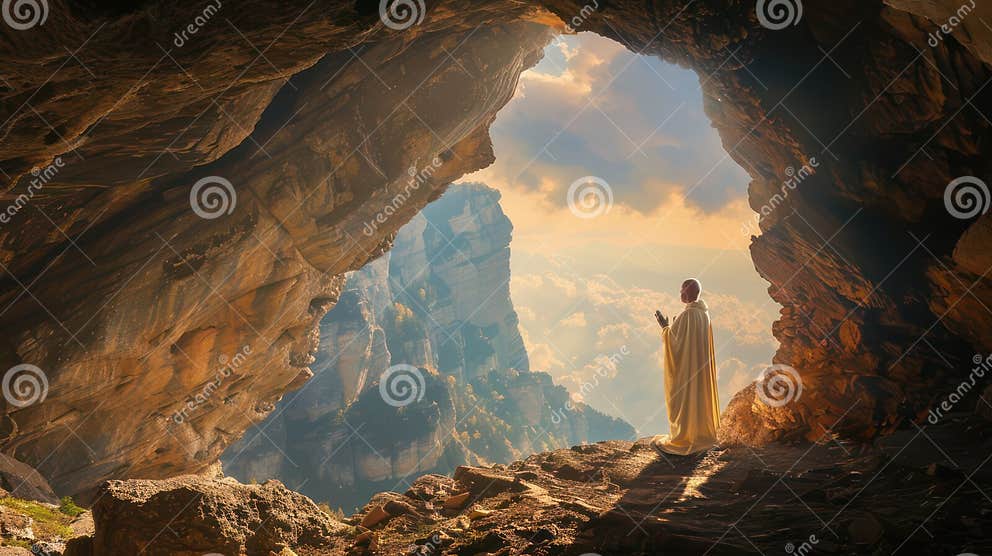 Priest Praying in a Cave and Light Rays Falling Inside Created with ...