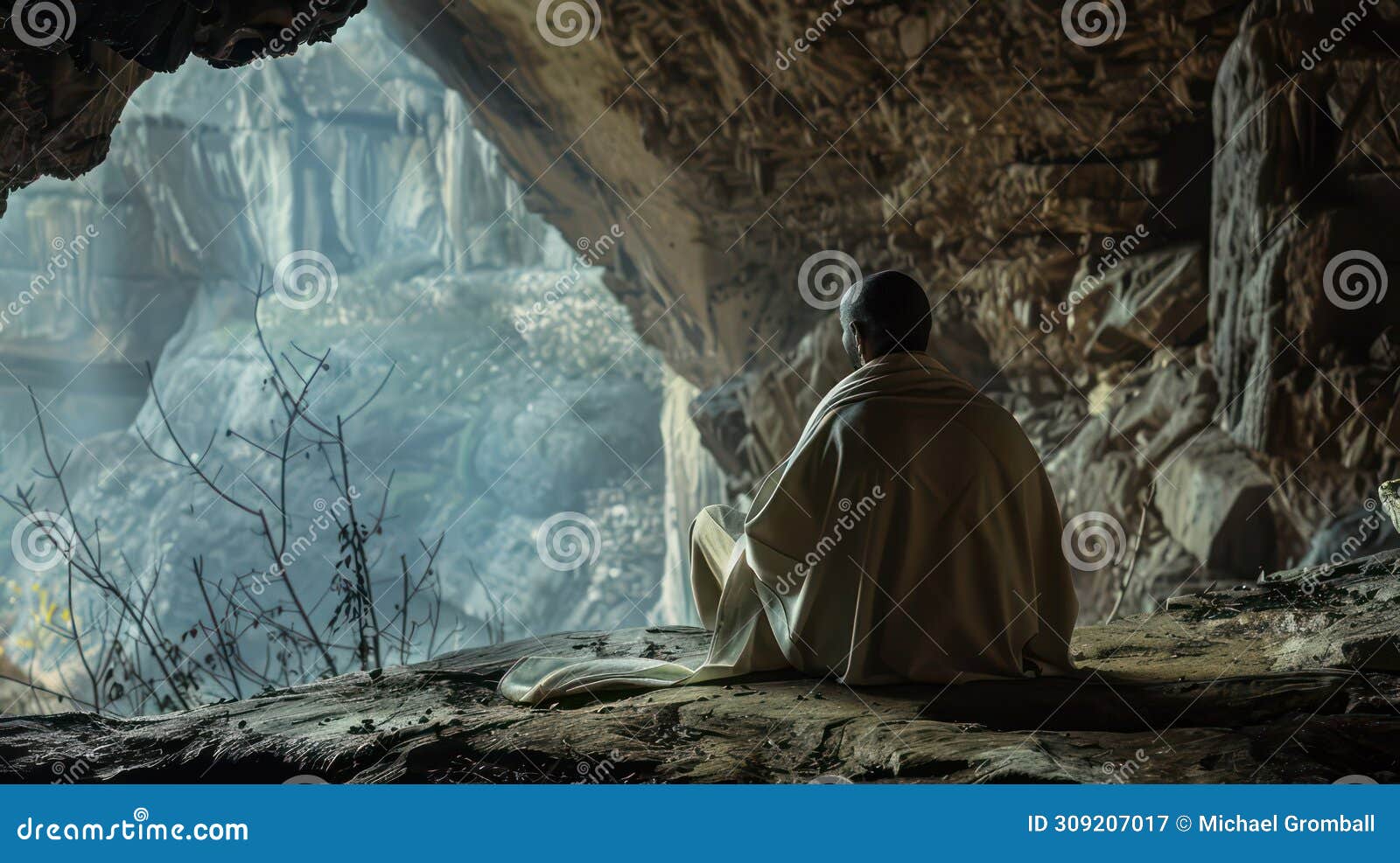 Priest Praying in a Cave and Light Rays Falling Inside Created with ...