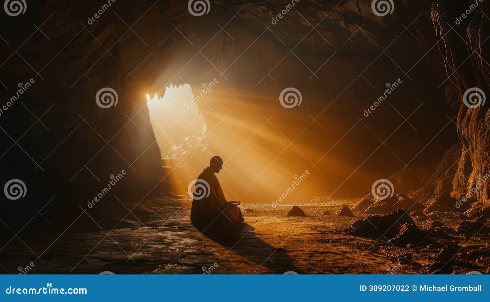 Priest Praying in a Cave and Light Rays Falling Inside Created with ...