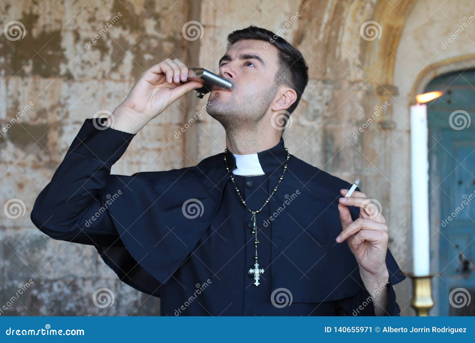 Priest Smoking and Drinking Alcohol Stock Image - Image of adult ...