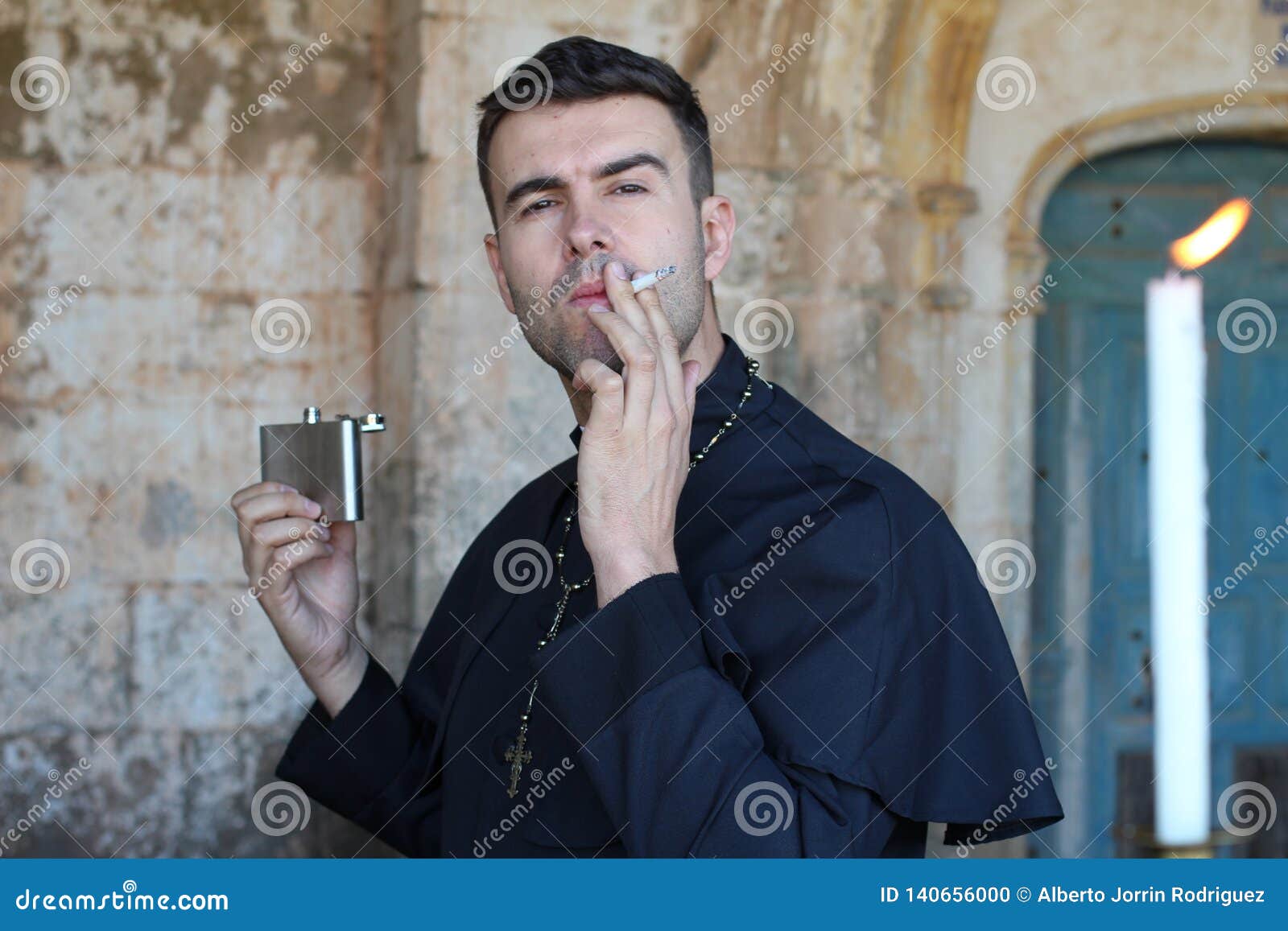 Priest Smoking and Drinking Alcohol Stock Photo - Image of christianity ...