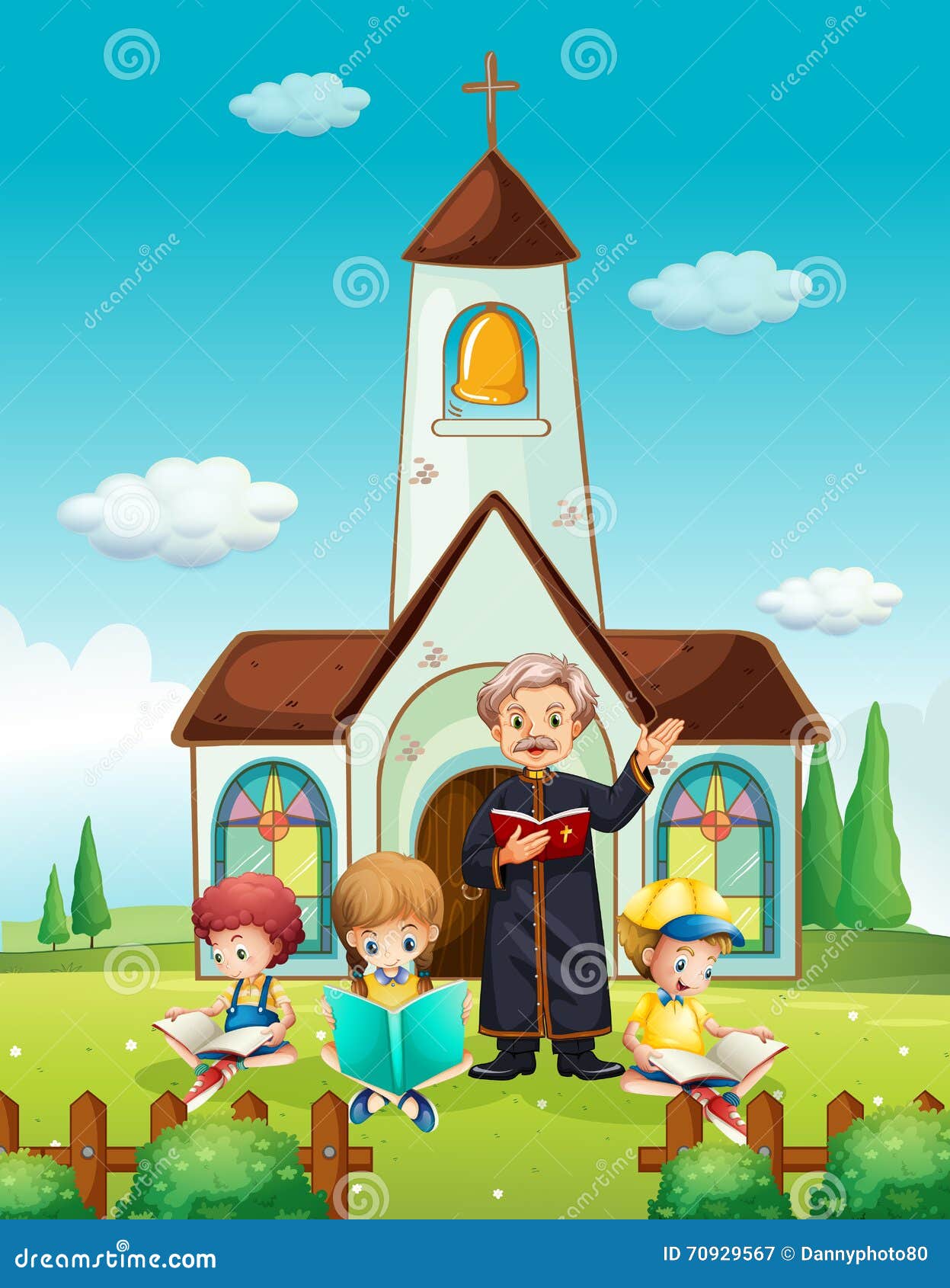 Priester En Kinderen Bij Kerk Vector Illustratie - Illustration of ...